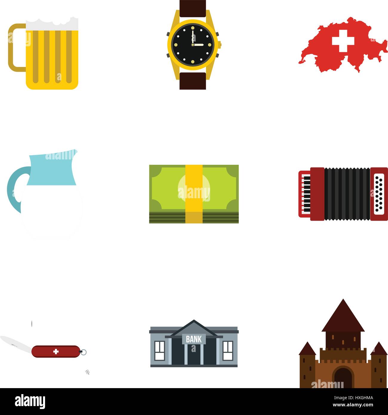 Attractions of Switzerland icons set, flat style Stock Vector Image ...