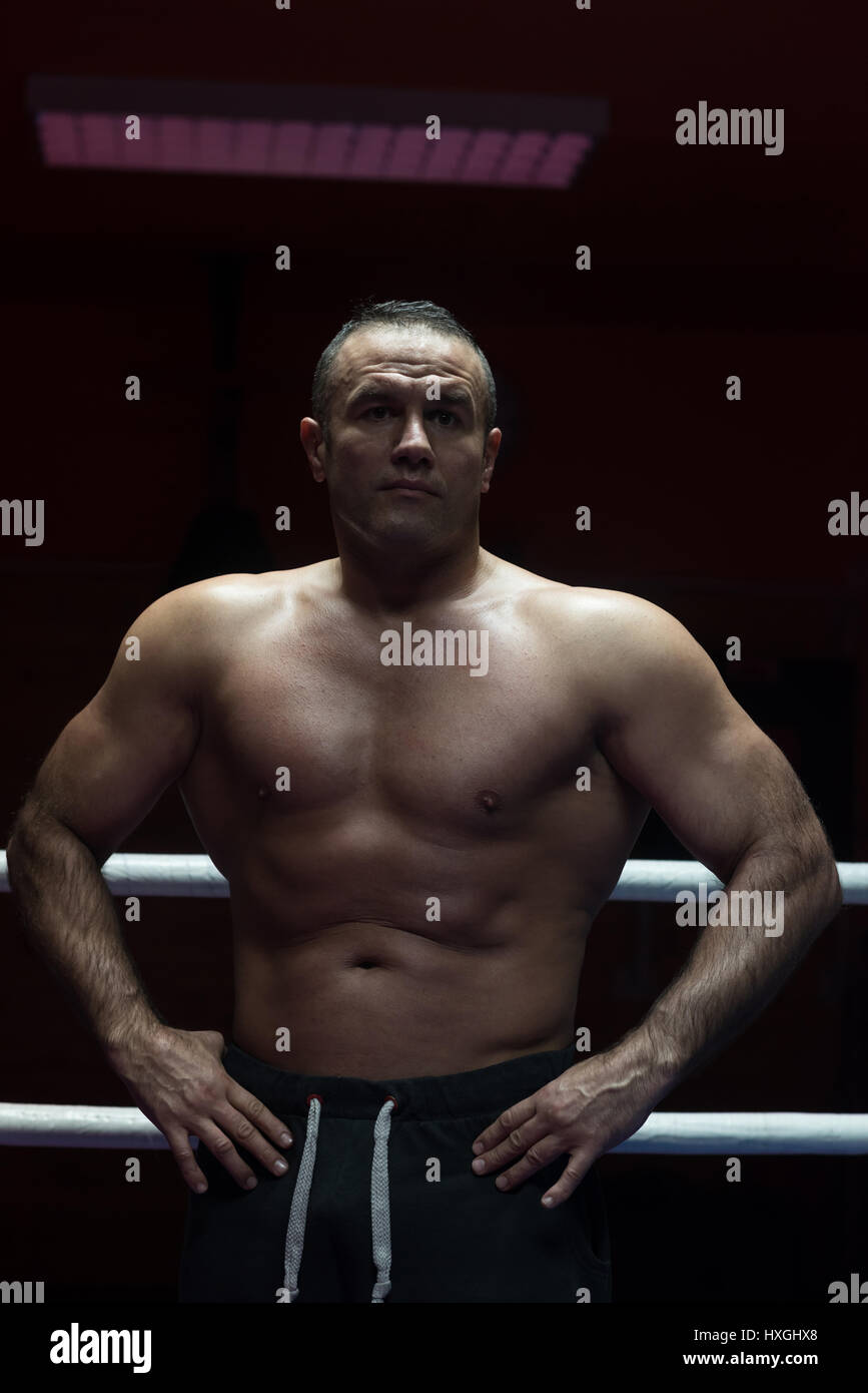 portrait of muscular professional kickboxer who standing in the ring ...