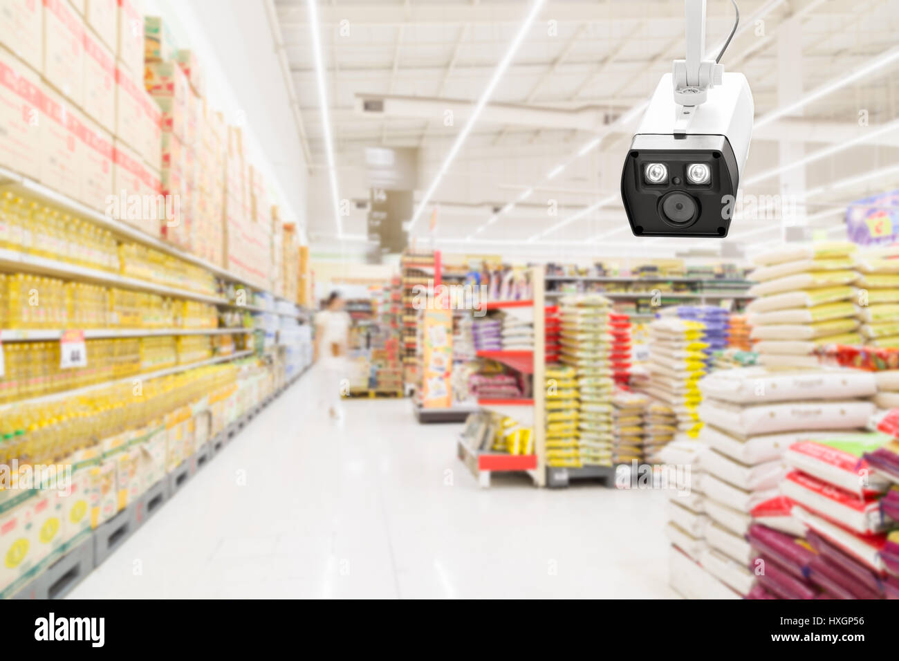 Modern security camera on monitoring the supermarket with blurred ...