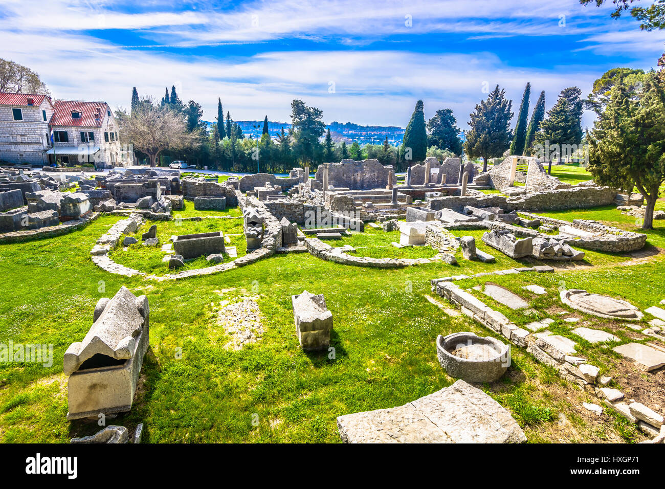 Colorful view at old roman ruins in Salona near town Split, Croatia ...