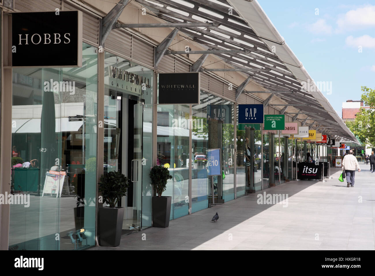 A row of shops in The Brunswick Centre, Bloomsbury, central London ...