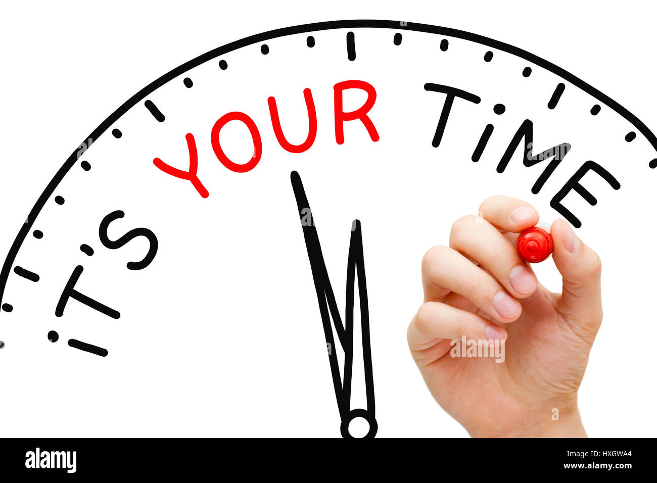 Hand writing It's Your Time on drawn clock with marker on transparent ...