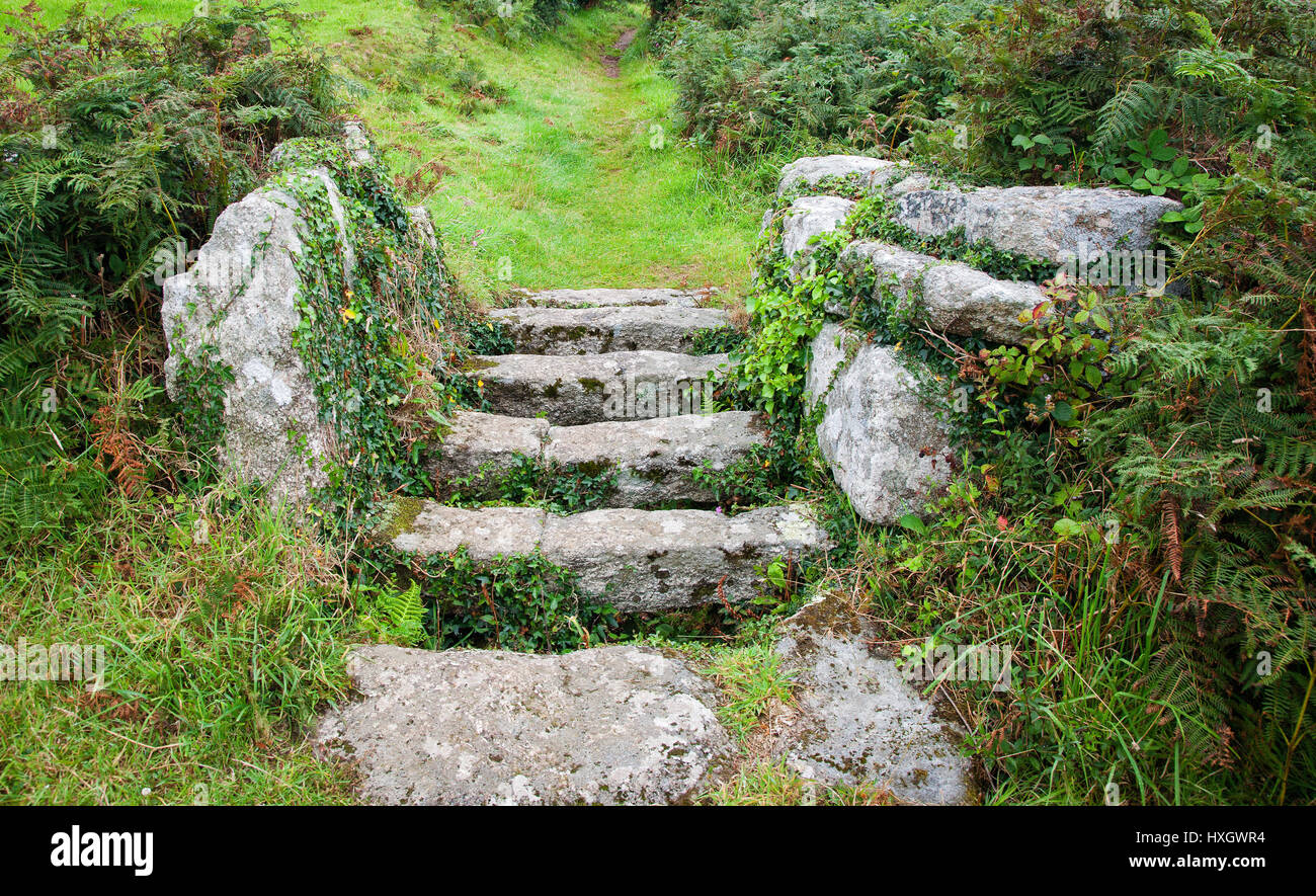 Field boundary stile made of large granite slabs forming a giant stone ...