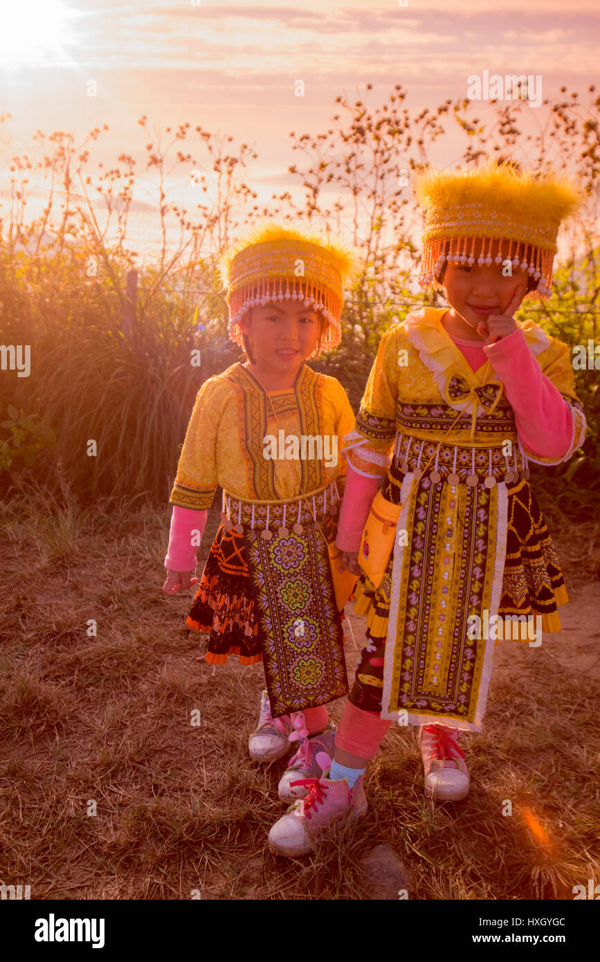 childern of the Hill Tribe of Hmong enjoy at the Cliff of Phu Chi Fa in ...