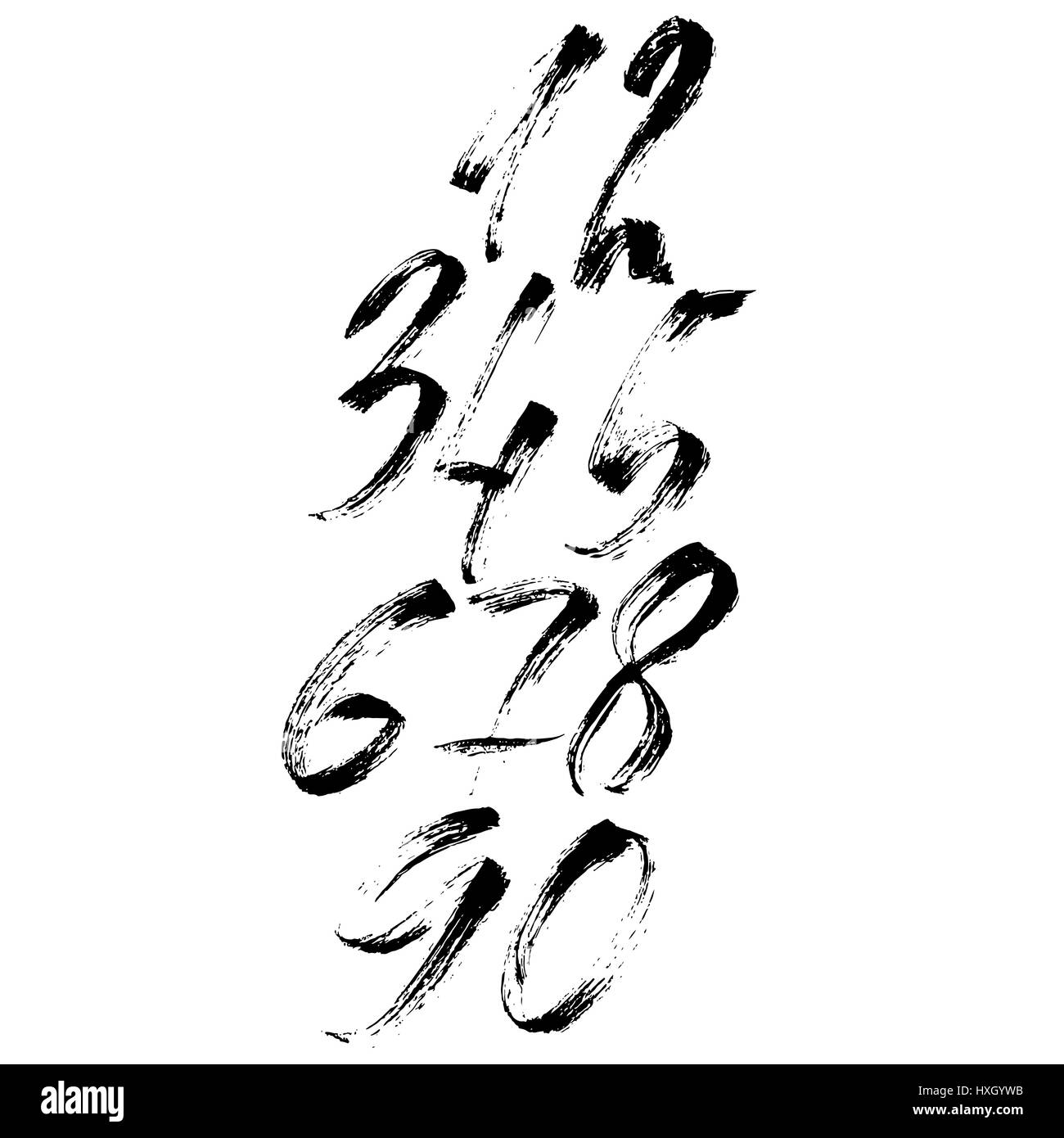 Set of calligraphic ink numbers. Dry brush lettering. Vector ...