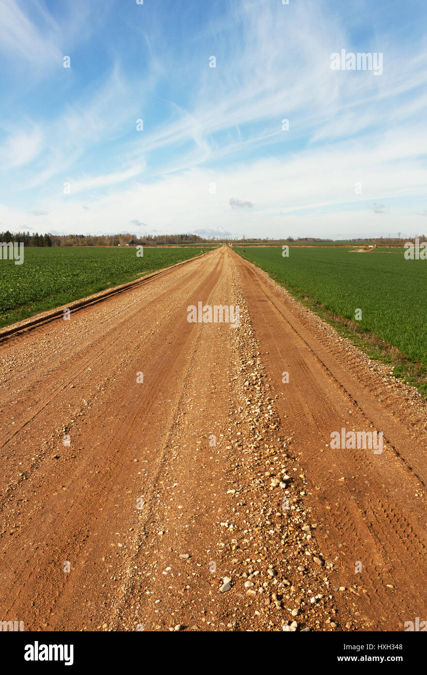 Gravel road between green fields Stock Photo - Alamy