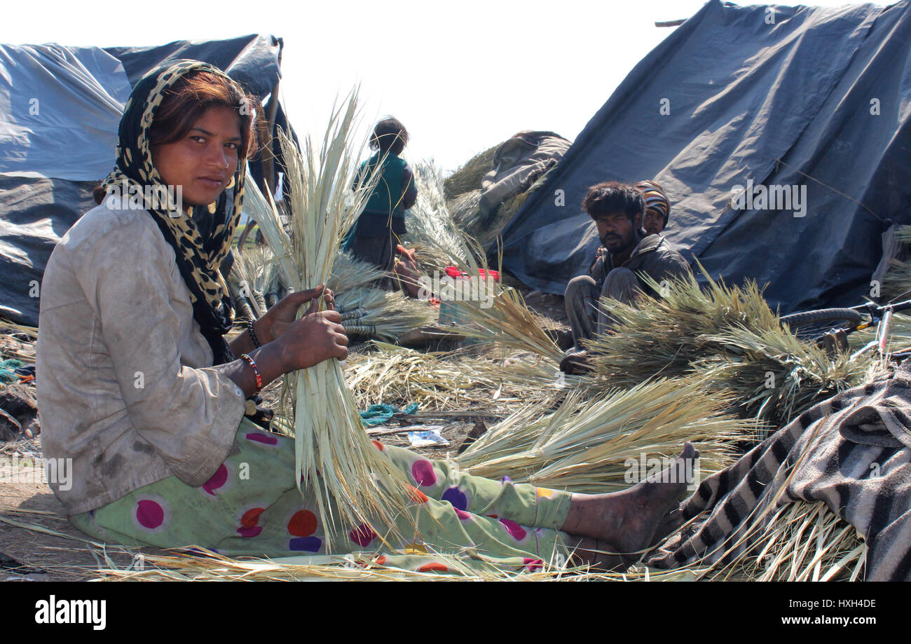 A group of non-local workers from Rajasthan busy in making brooms to ...
