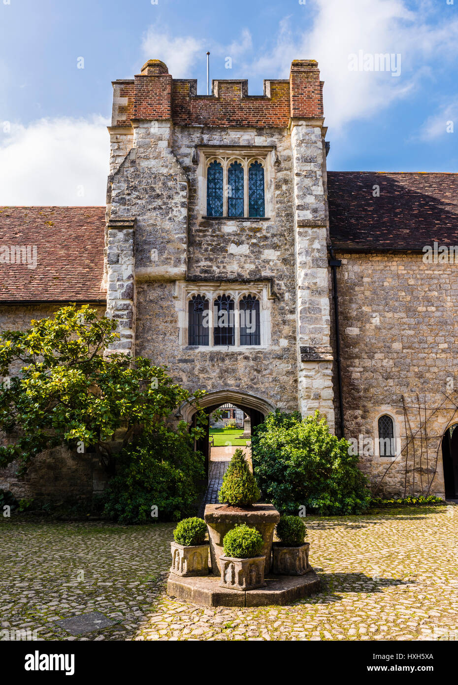 Main entrance of the medieval manor house at Ightham Mote, Kent, UK ...