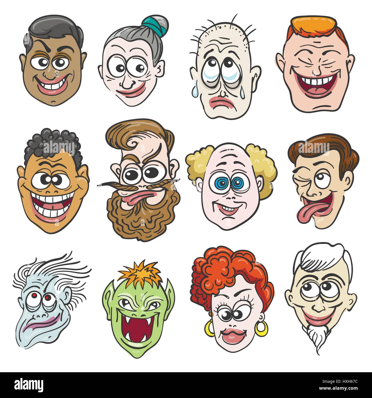 Doodle Faces Set in cartoon style. Twelve various emotions or face ...