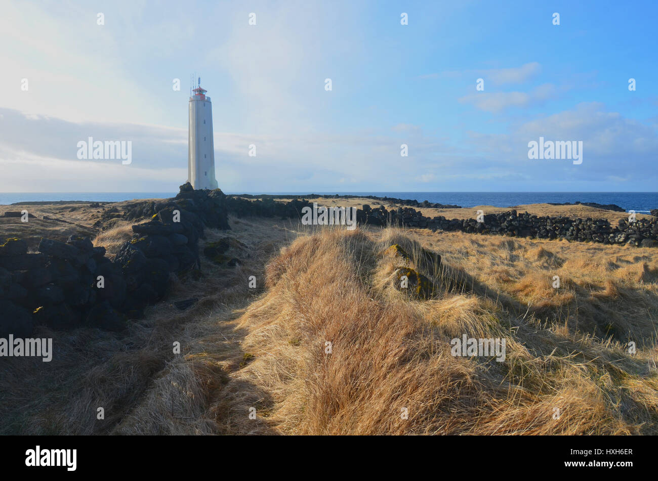 Rocky rugged fields near Malarrif Lighthouse on Snaefelssnes Peninsula ...