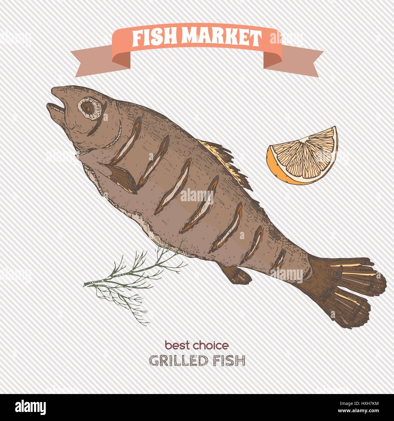 Color grilled fish hand drawn sketch Stock Vector Image & Art - Alamy
