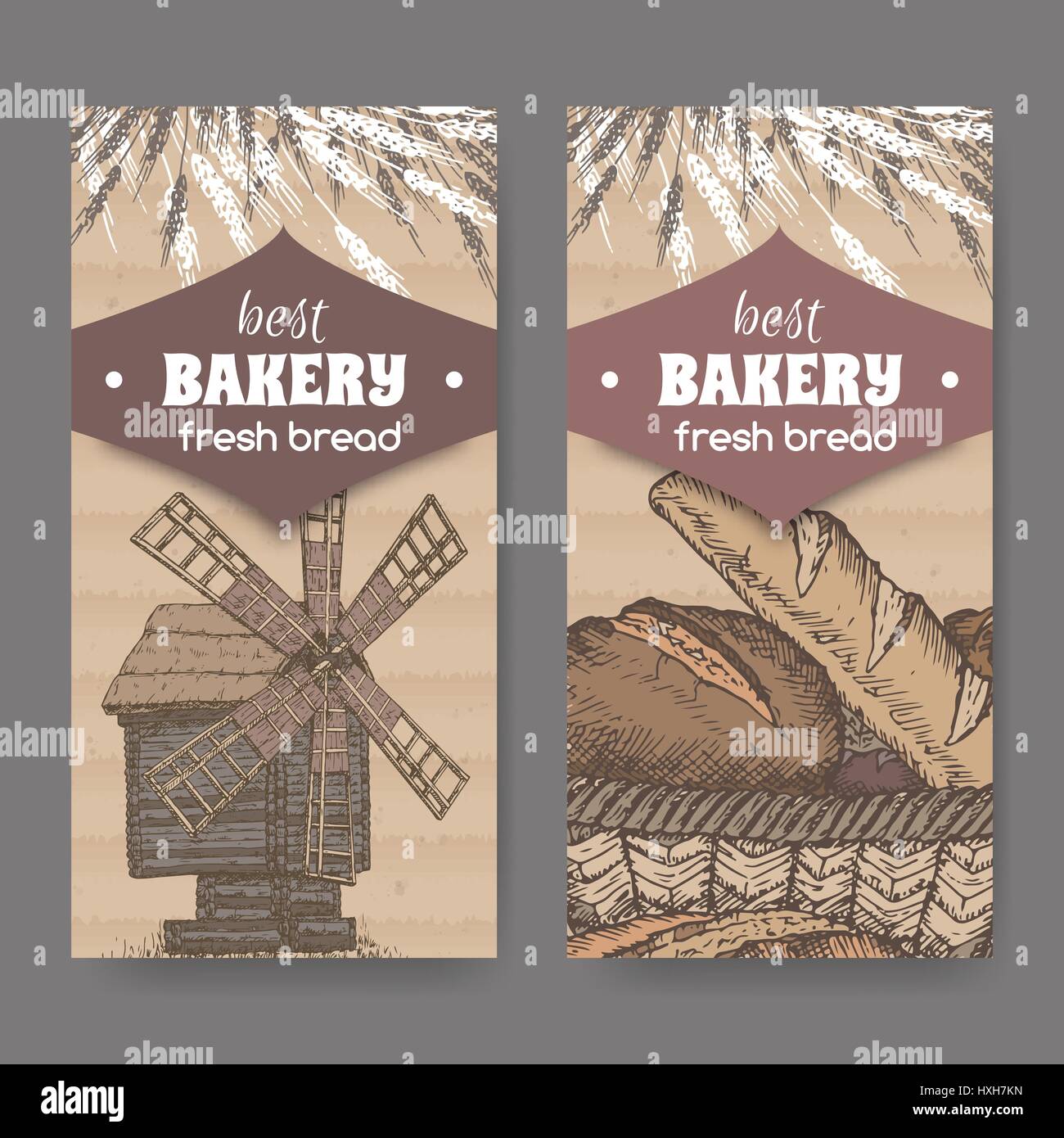 Two color bakery label templates with wooden windmill, wheat and bread ...