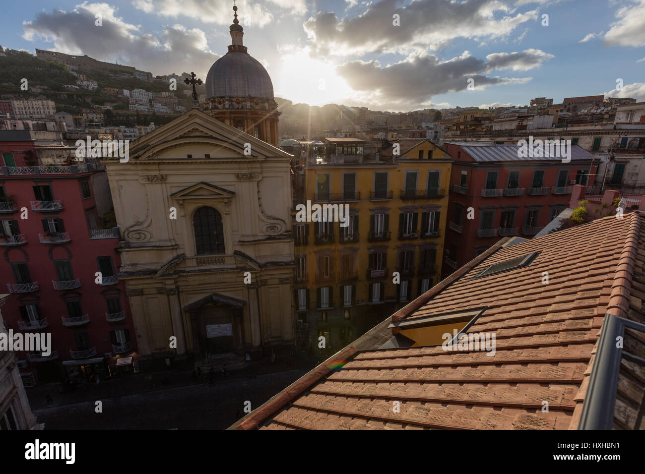 Panorama from the roofs of center of Naples, Italy Stock Photo - Alamy