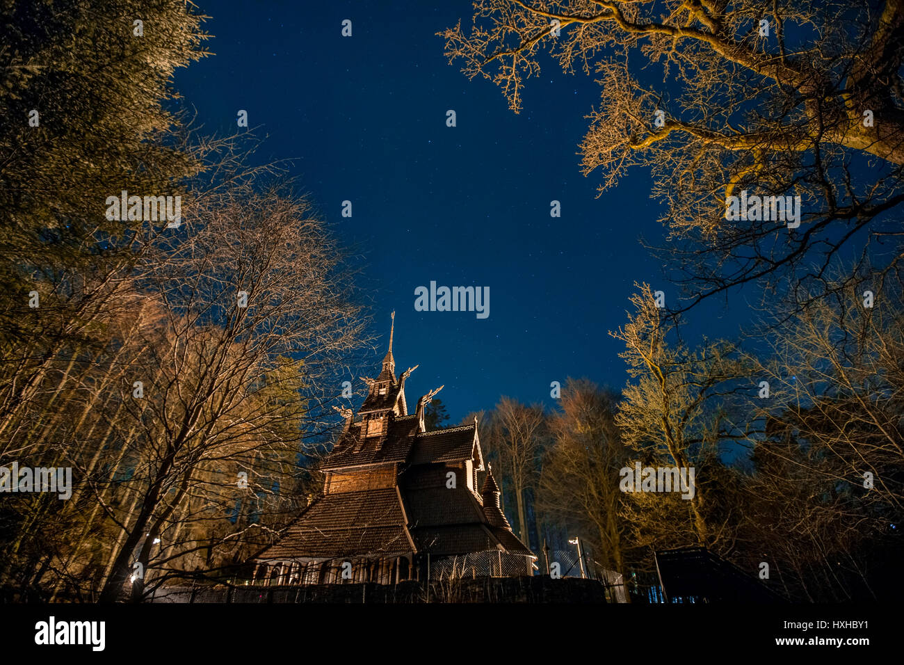 Northern lights over the Fantoft Stave Church in the Fana borough of ...