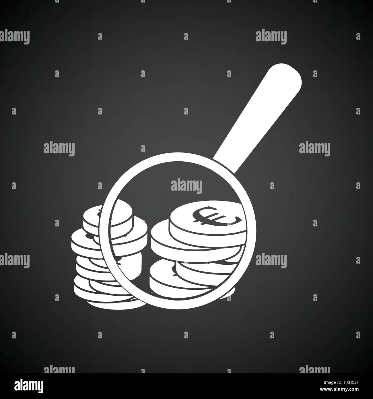 Magnifying over coins stack icon. Black background with white. Vector ...