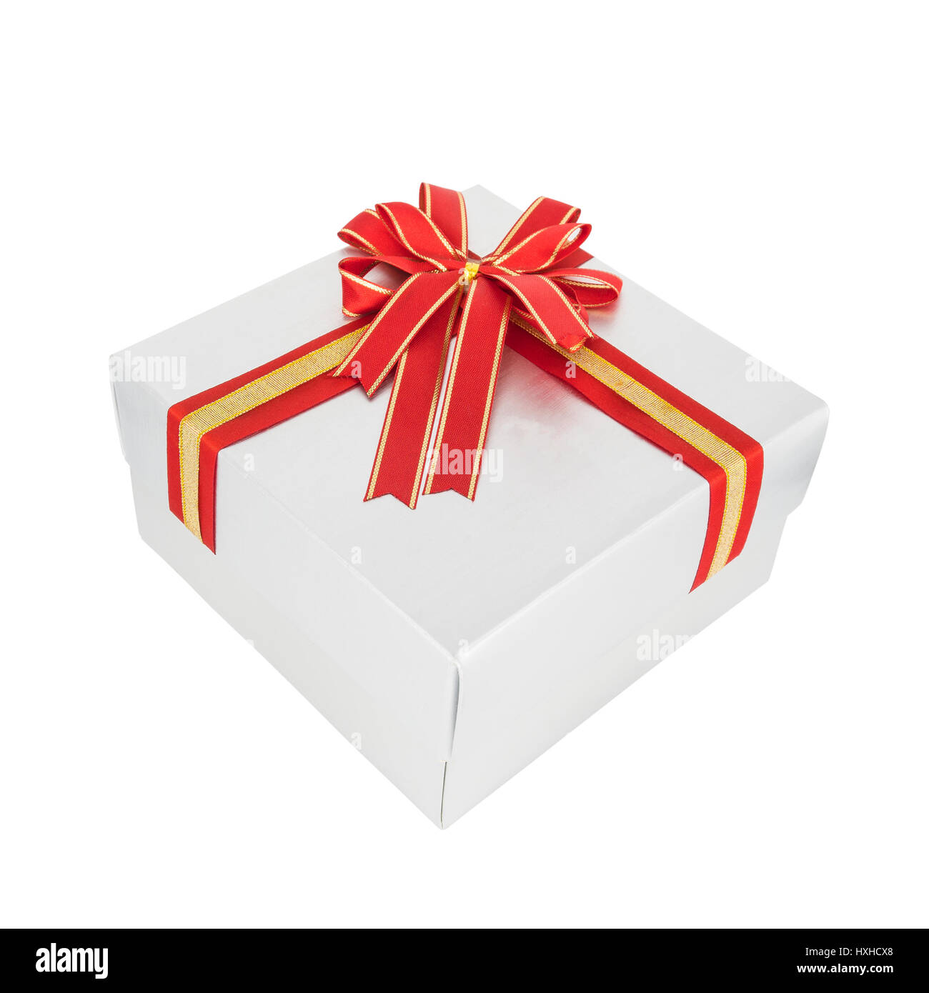 Silver gift box and red ribbon isolated on white background Stock Photo ...