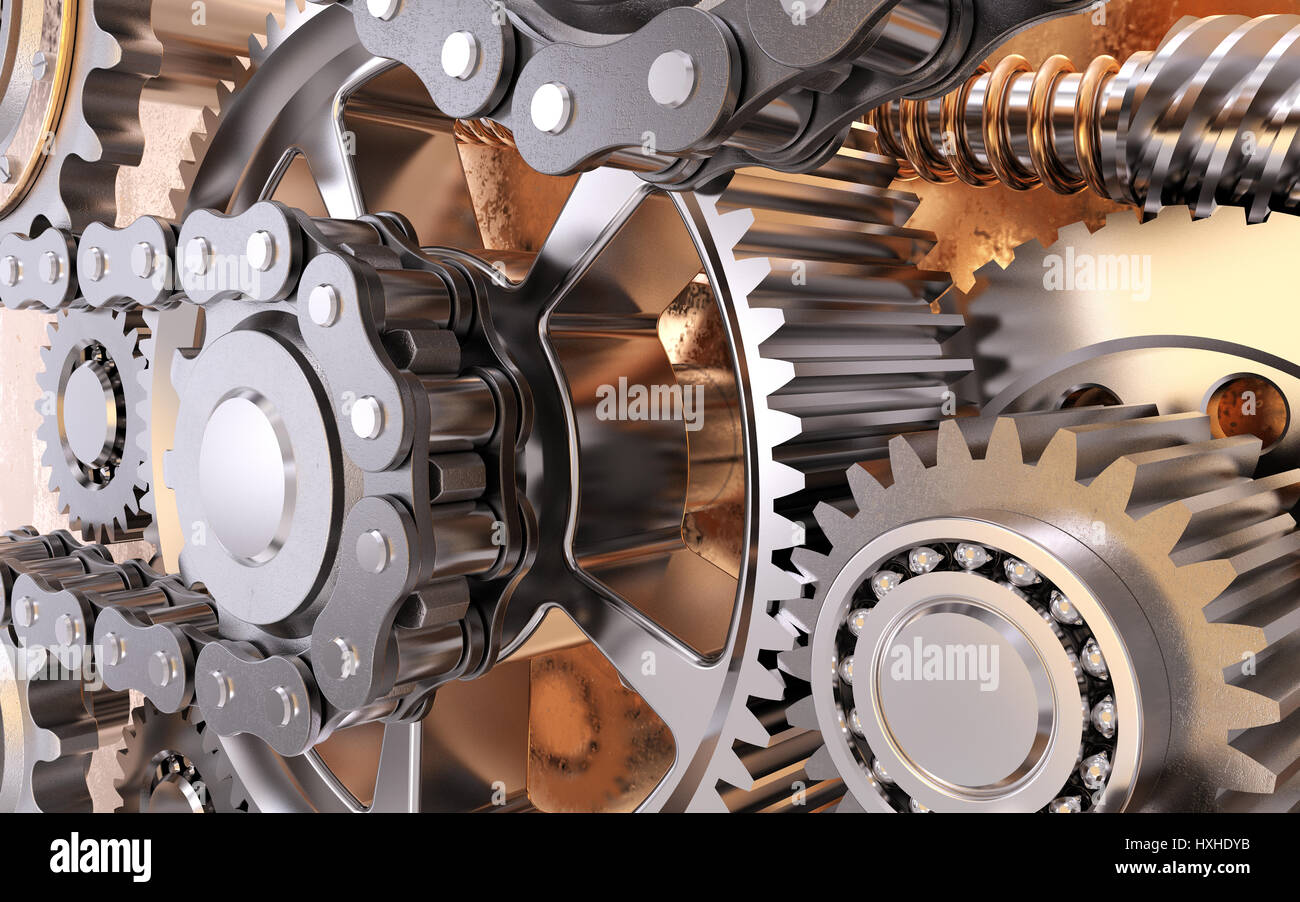 Gears with chain 3D rendering Stock Photo - Alamy
