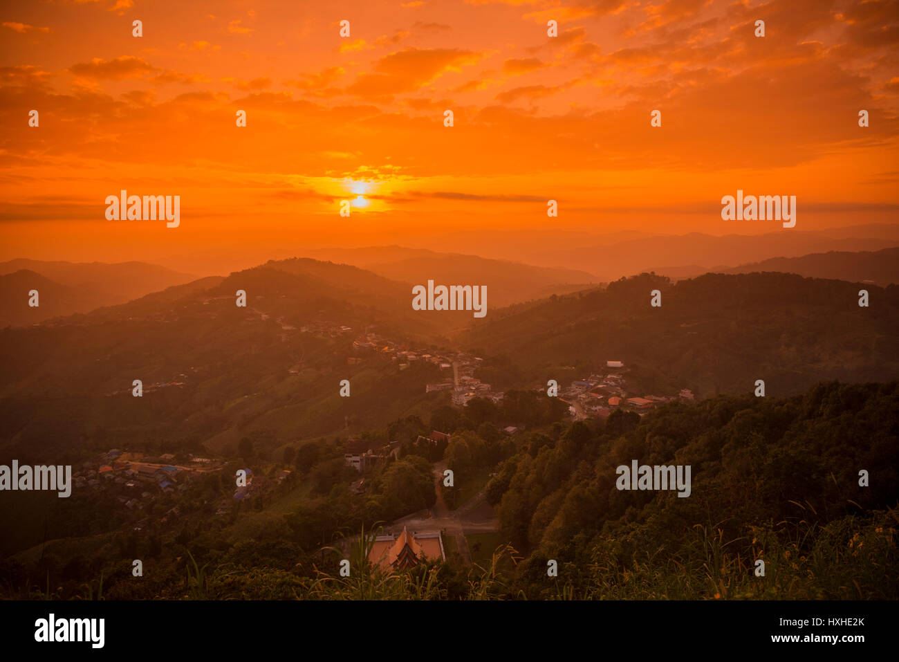 the landscape and sunrise over the town of Mae Salong north of the city ...