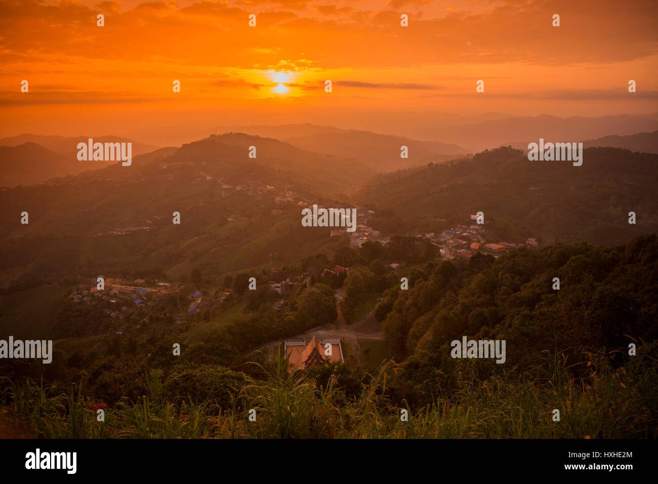 the landscape and sunrise over the town of Mae Salong north of the city ...