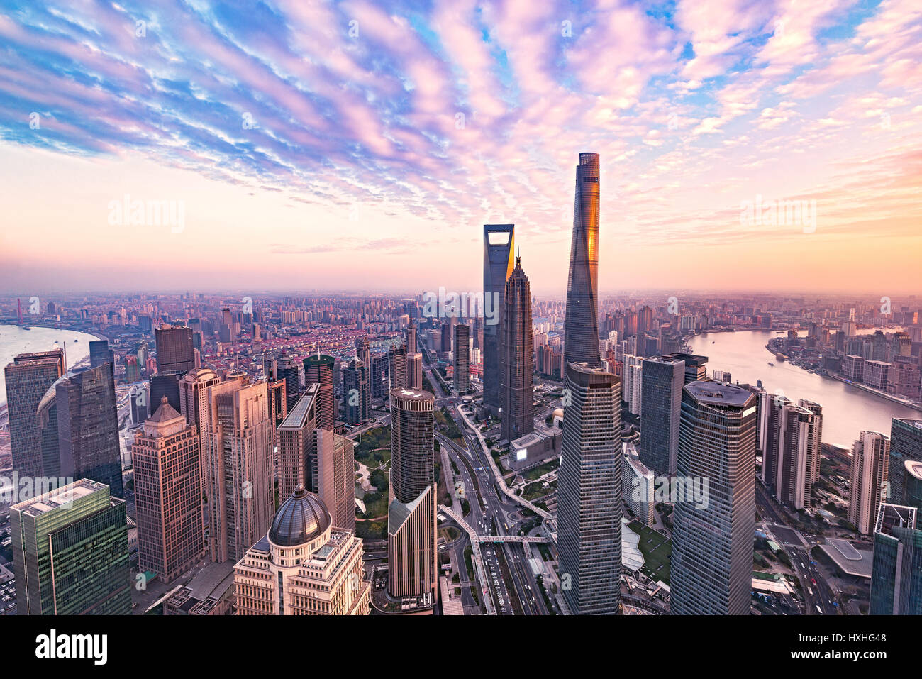 Aerial view of Shanghai city center at sunset time. China Stock Photo ...