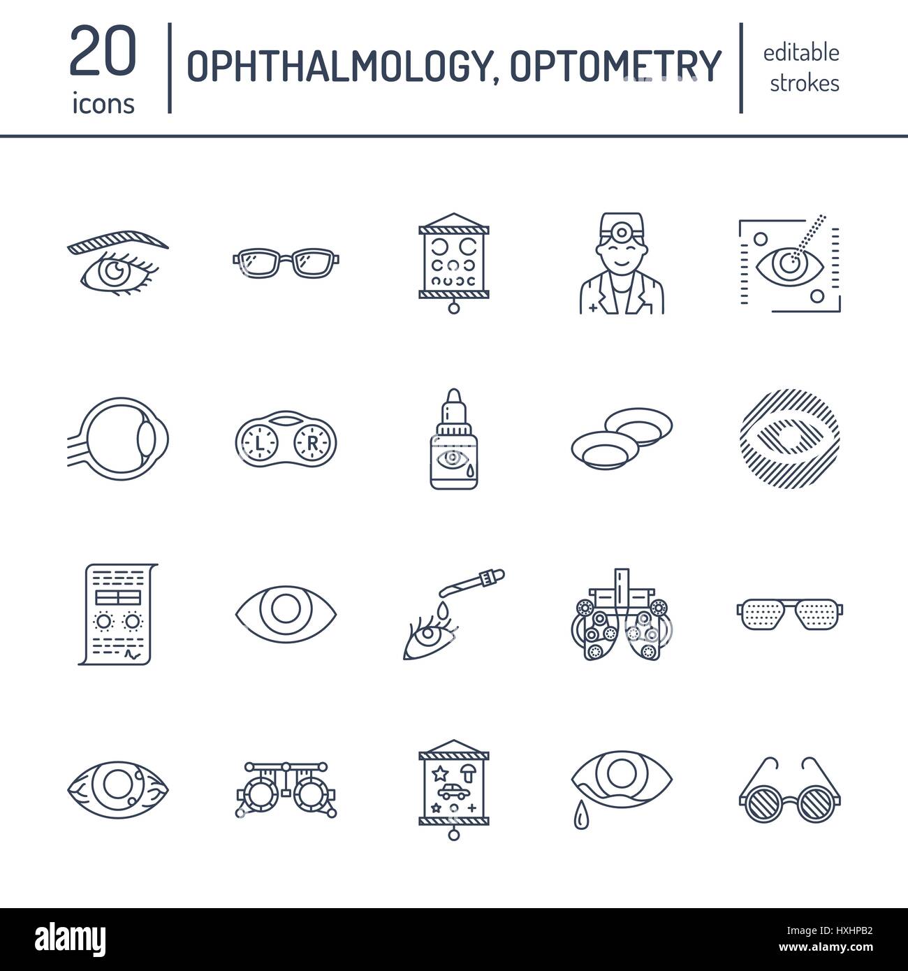 Ophthalmology, eyes health care line icons. Optometry equipment ...