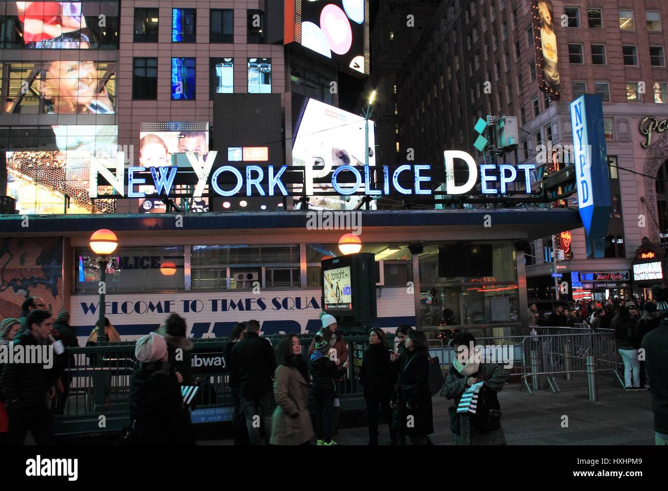 New York Police Department station Times Square at night Stock Photo ...