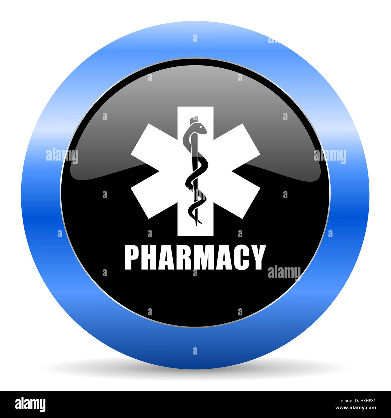 Pharmacy black and blue web design round internet icon with shadow on ...