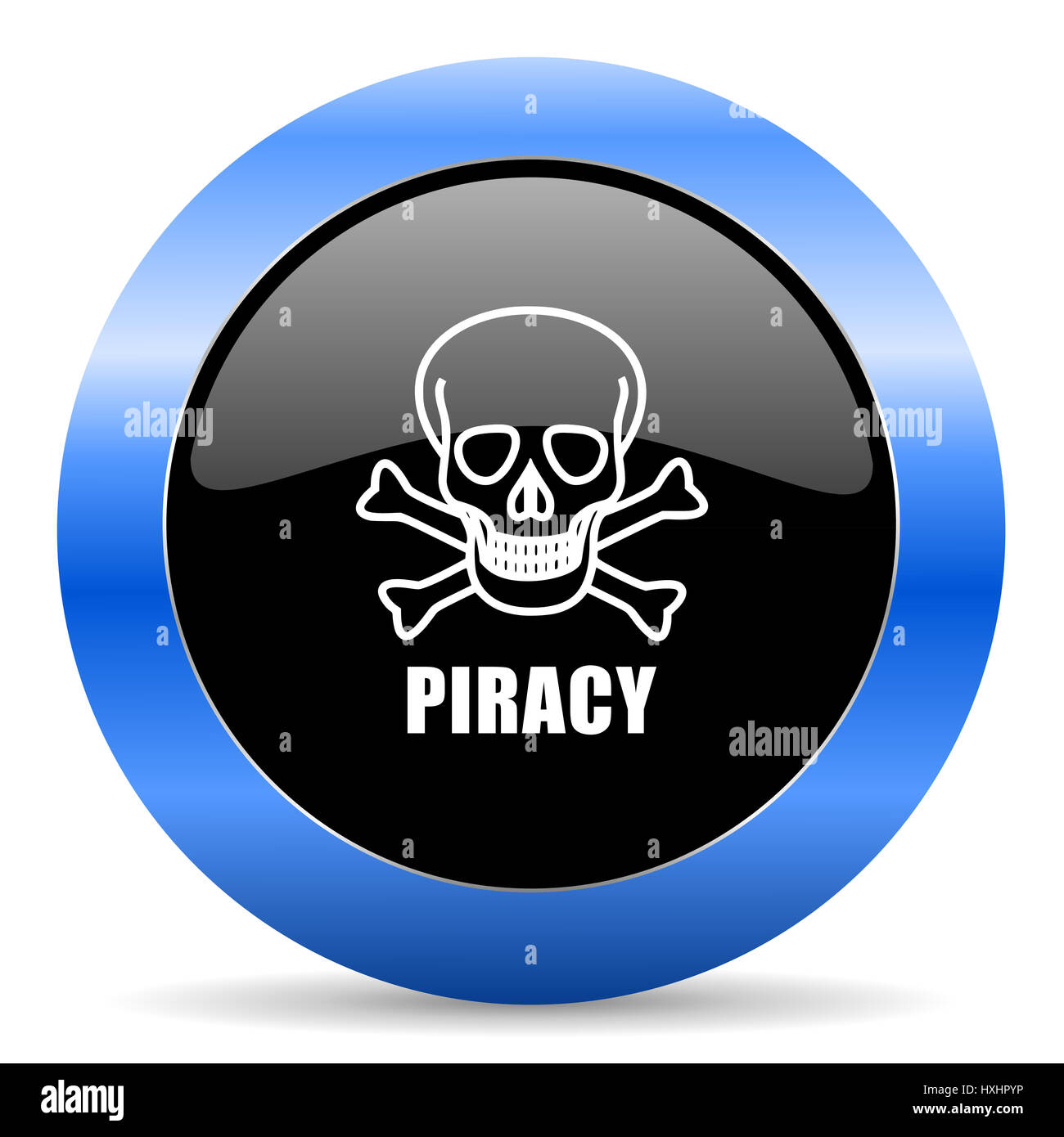 Piracy skull black and blue web design round internet icon with shadow ...