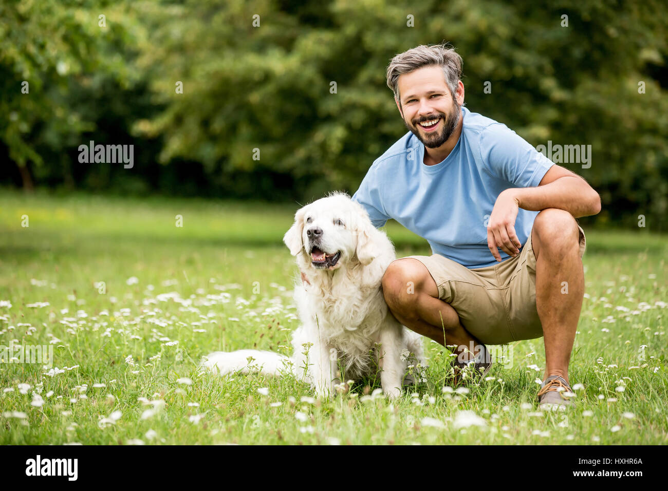 Man and his dog as friends together at the garden in summer Stock Photo ...