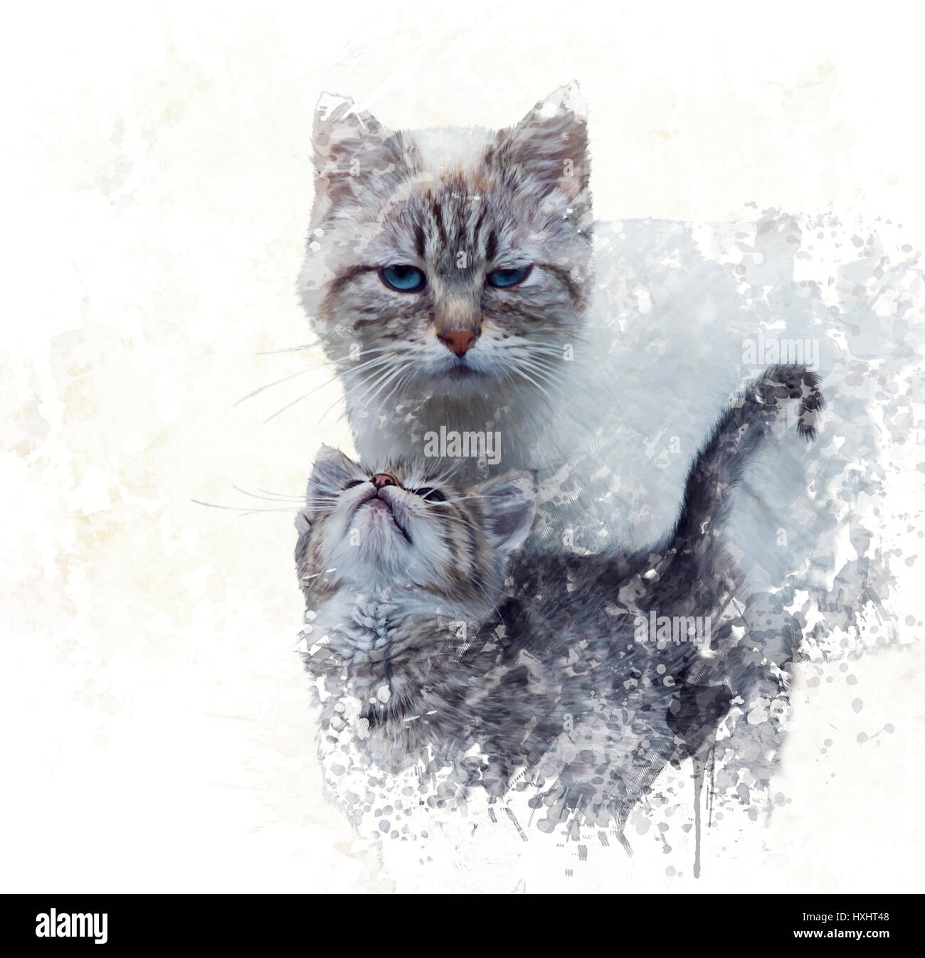 Digital Painting of Mother Cat with its Kitten Stock Photo - Alamy