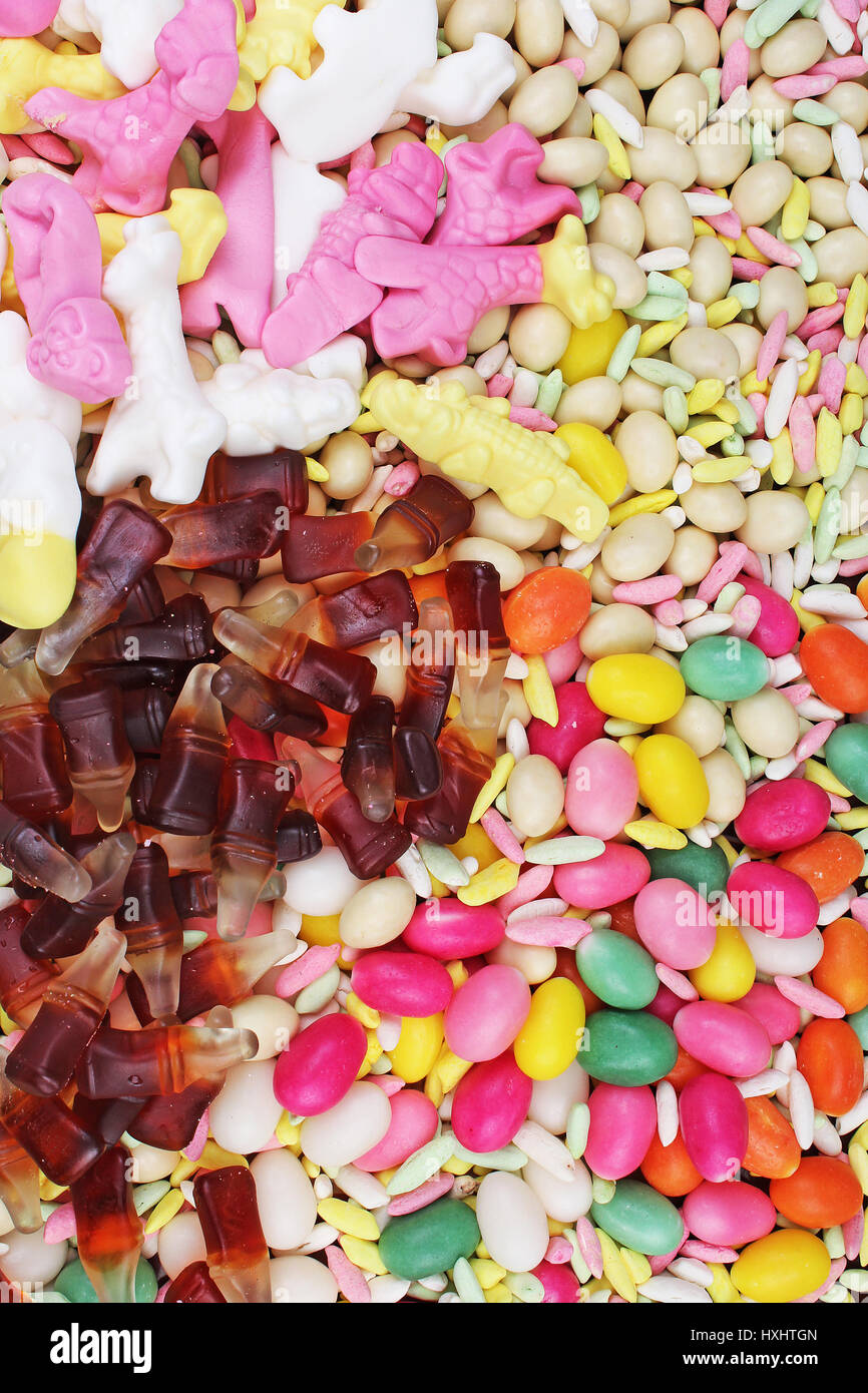 Candy from puffed rice grains. Sweet flavored puffed rice grains ...