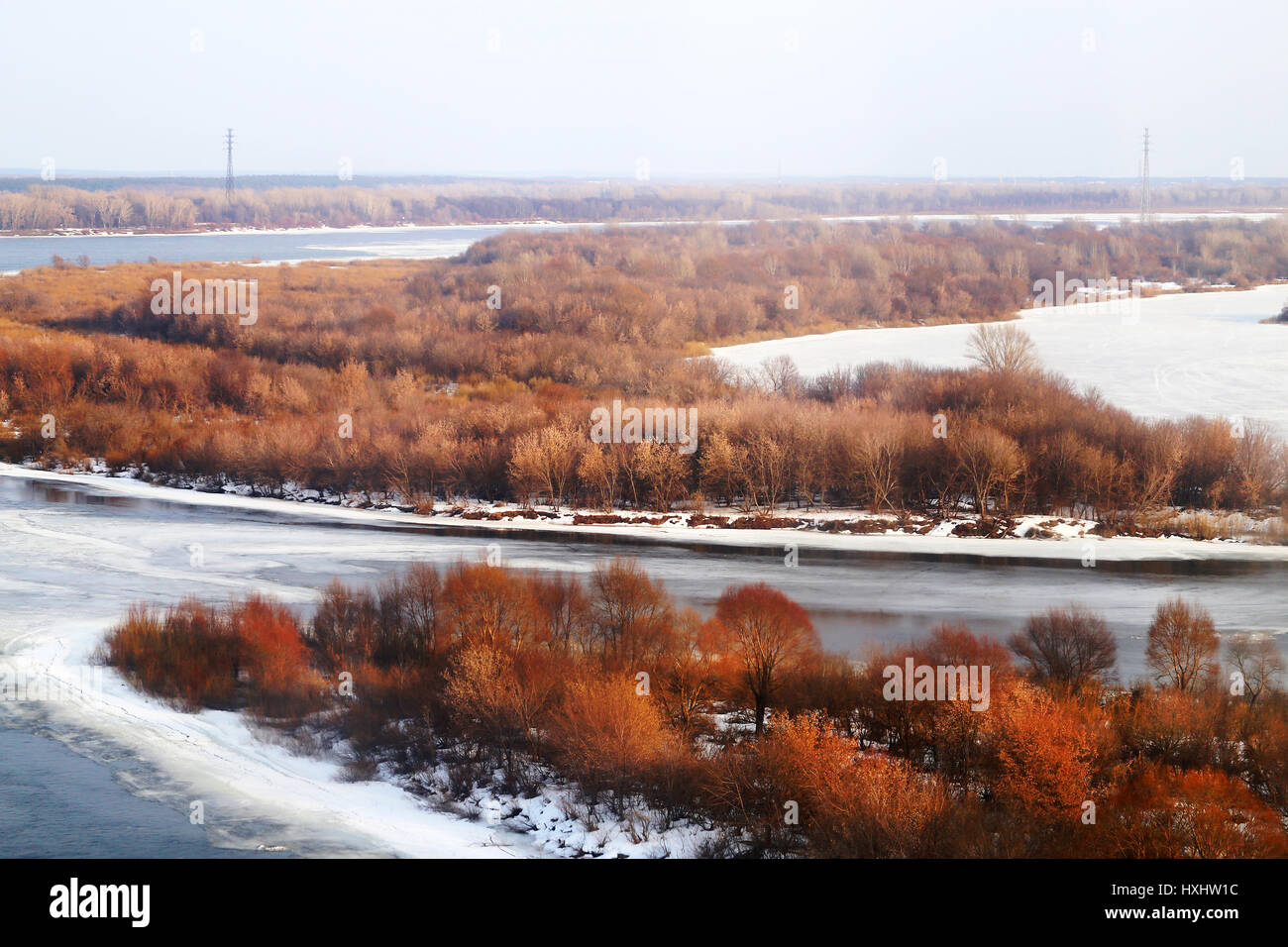 Beautiful winter trees on the island in the river Volga Stock Photo - Alamy
