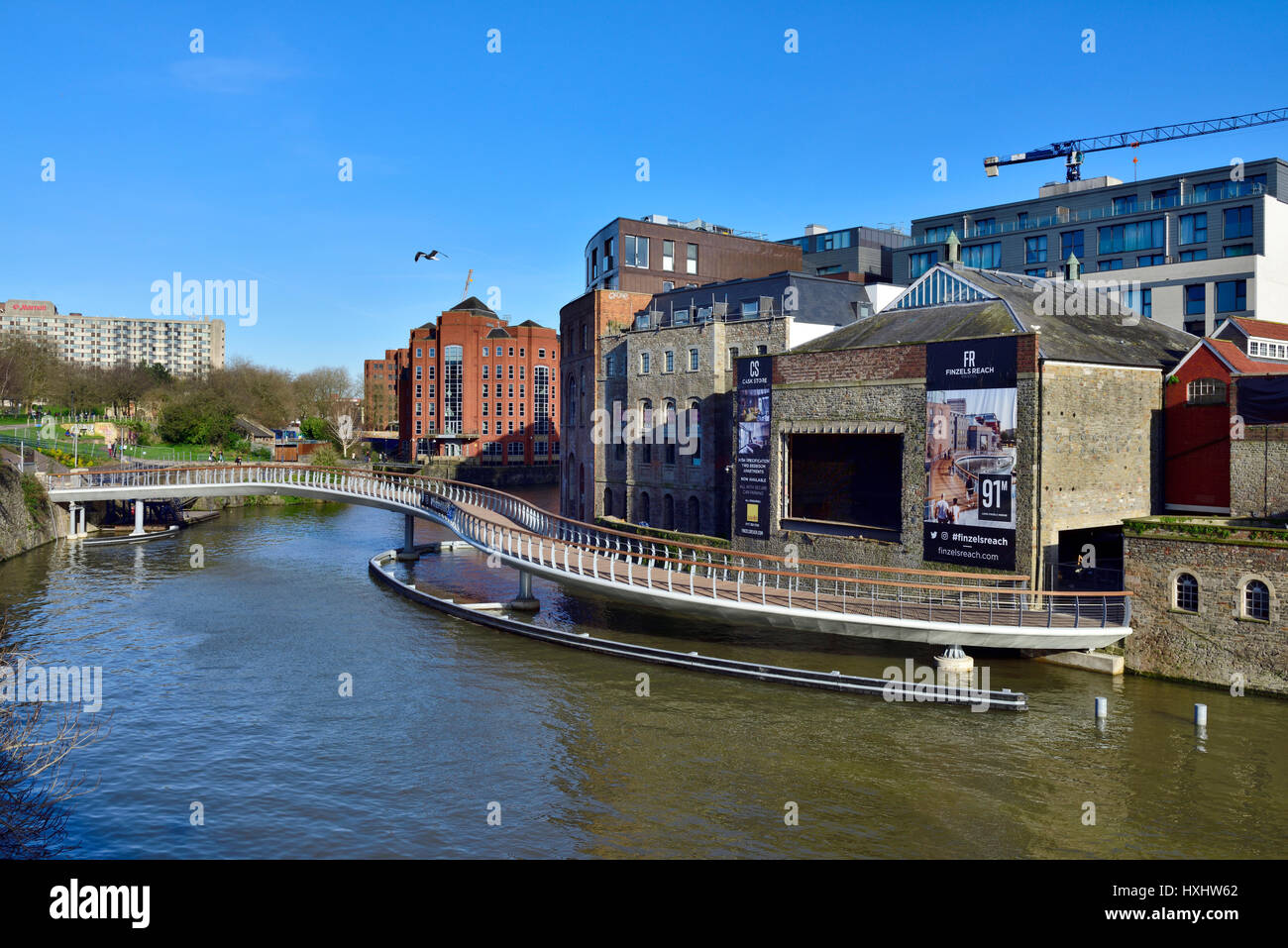 Bristol floating harbour with new Finzels Reach Bridge from Castle Park ...