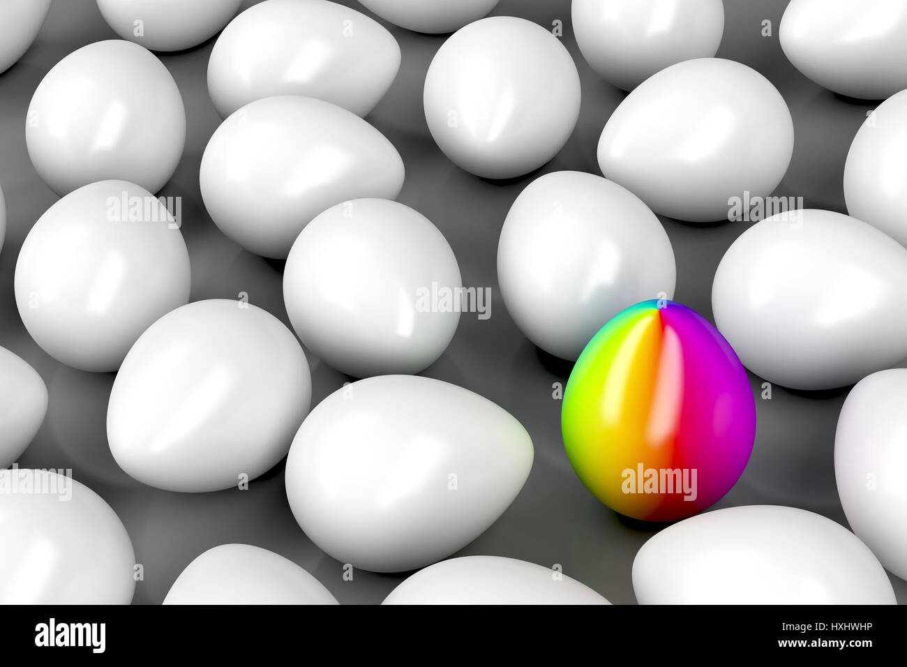 Concept image with one unique colorful egg among other white eggs Stock ...