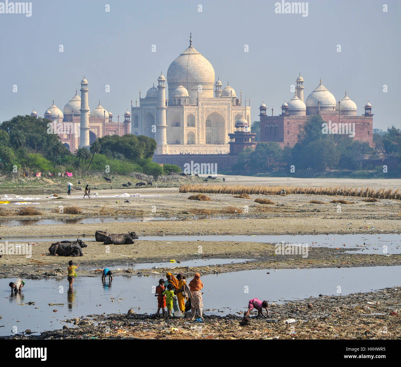 The Yamuna River, in Agra, with children scavenging through litter ...