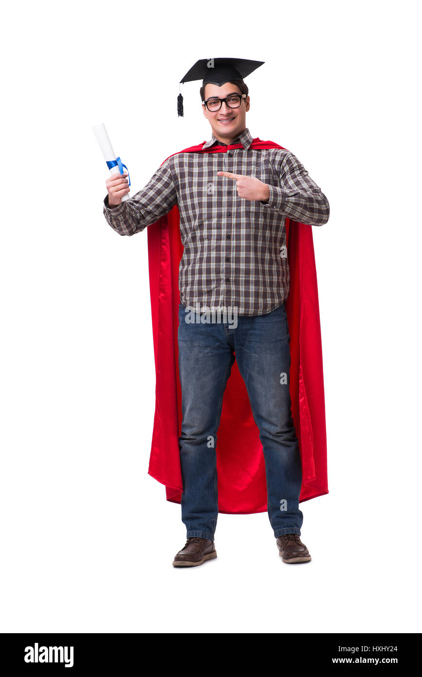 Super hero student with books isolated on white Stock Photo - Alamy