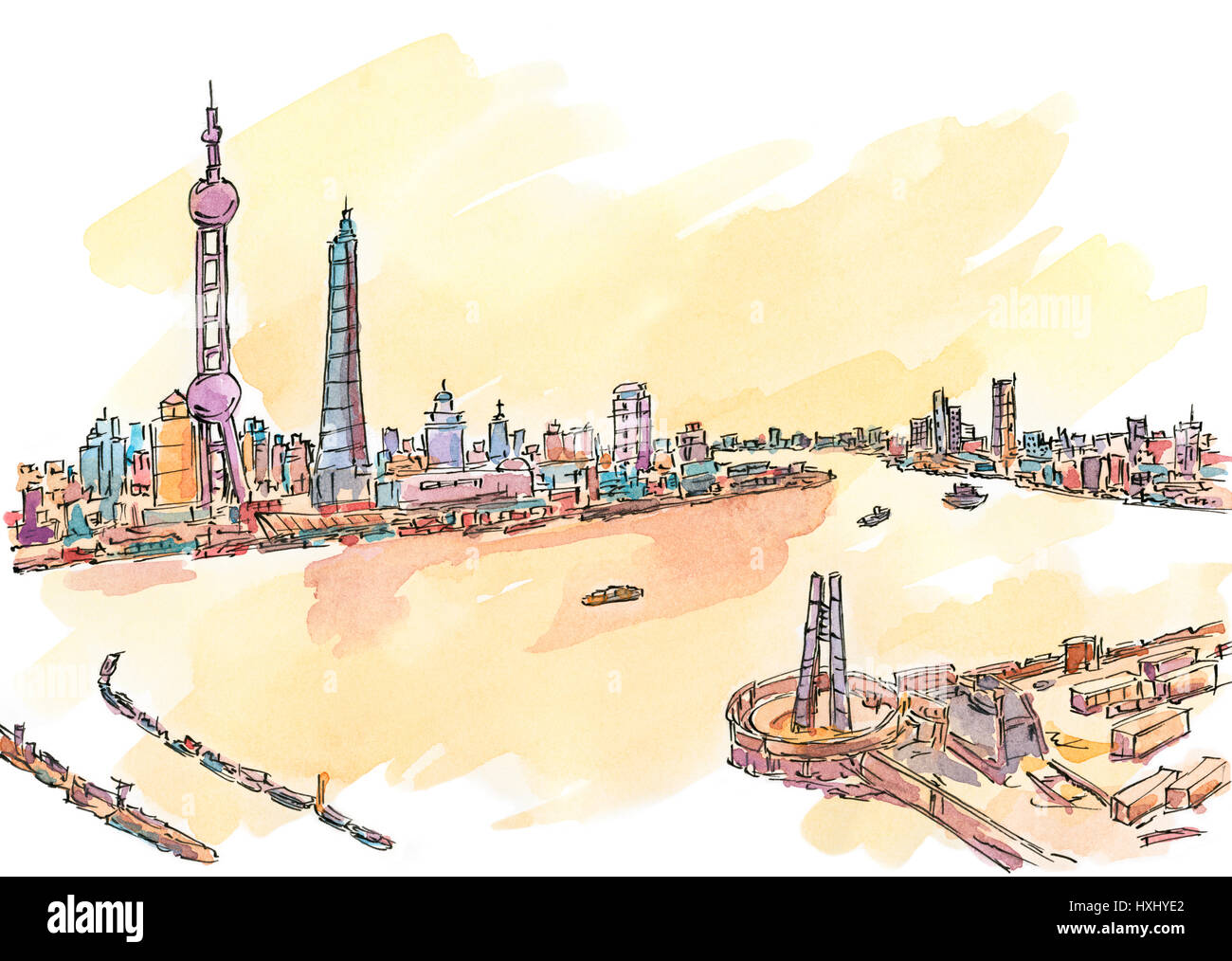 Modern city around river. Sketch lines and splash paint technique. Ink ...