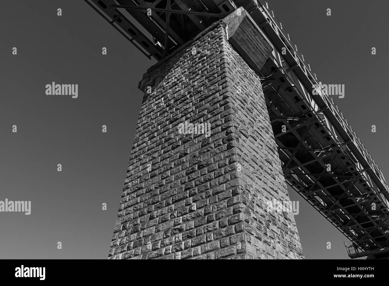 Inside view of big steel railway bridge on sunrise. Savonlinna, Finland ...
