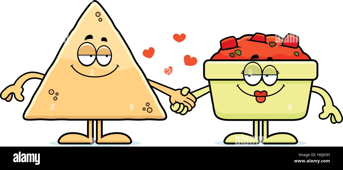 A cartoon illustration of a torilla chip and a bowl of salsa holding ...