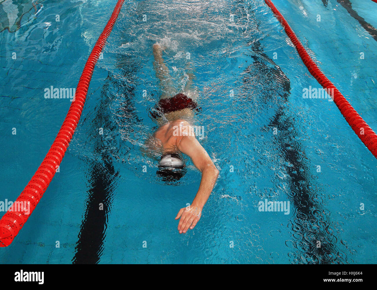 One person, caucasian man swims crawl, the path in the indoor public ...