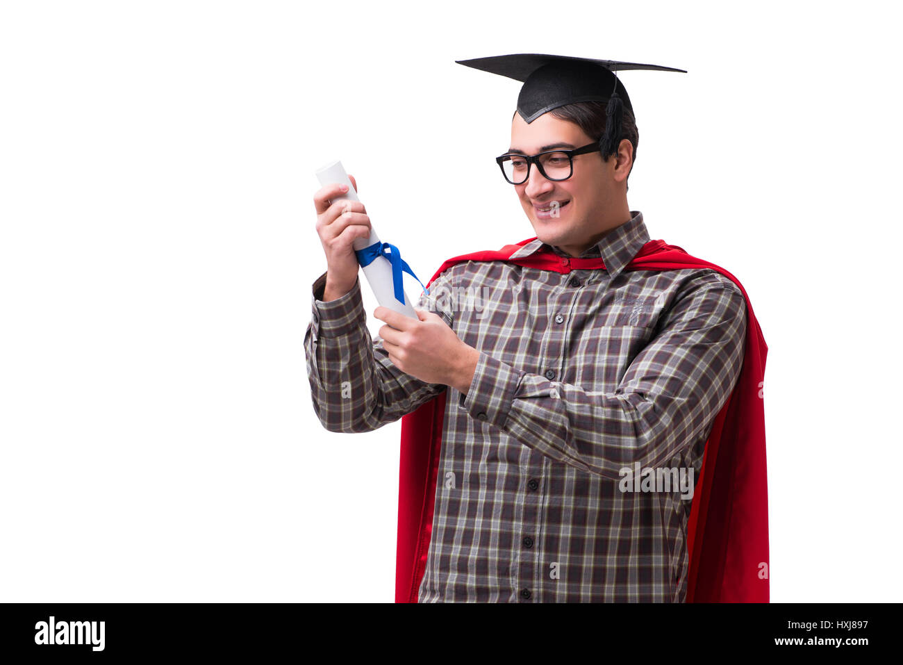 Super hero student with books isolated on white Stock Photo - Alamy