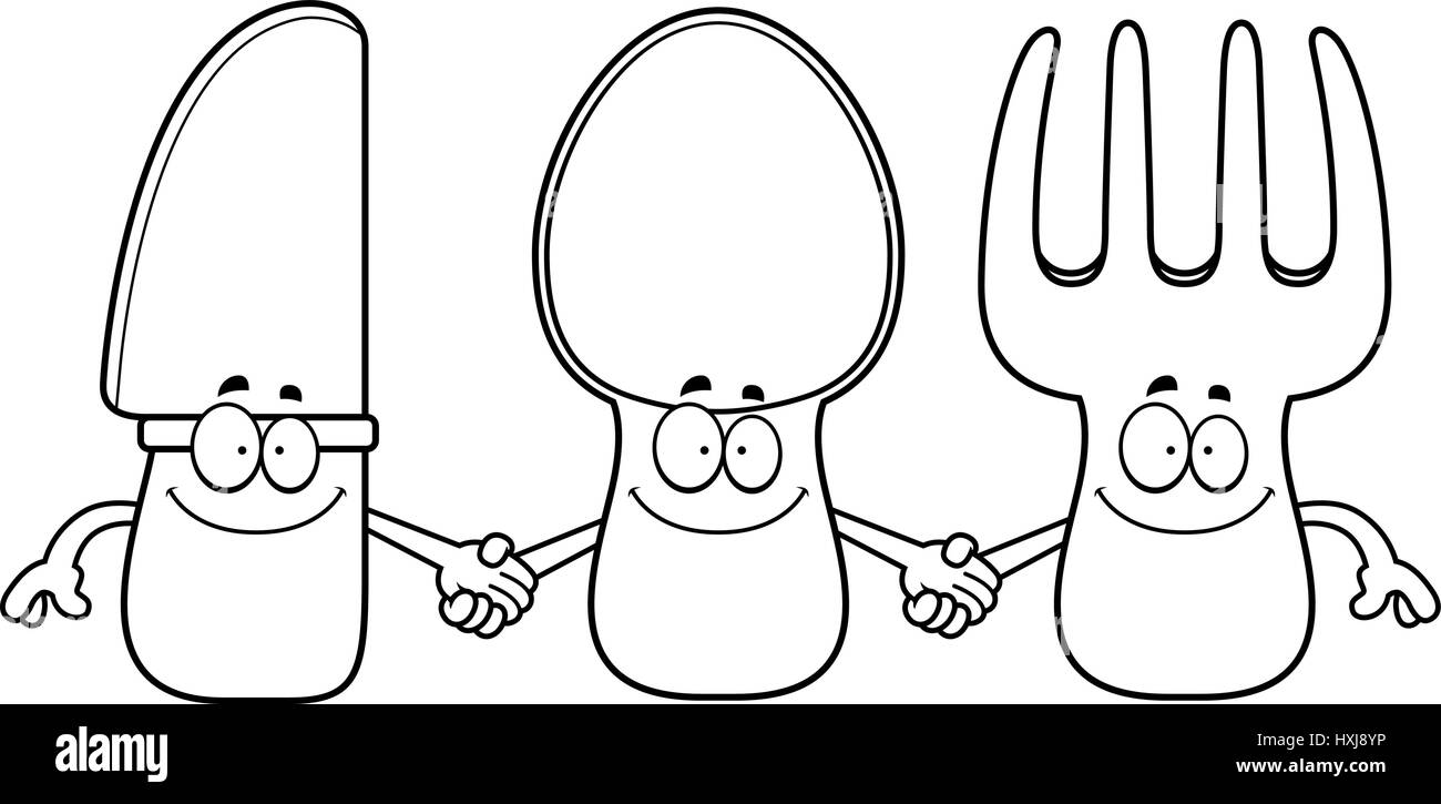 A cartoon illustration of silverware holding hands and smiling Stock ...