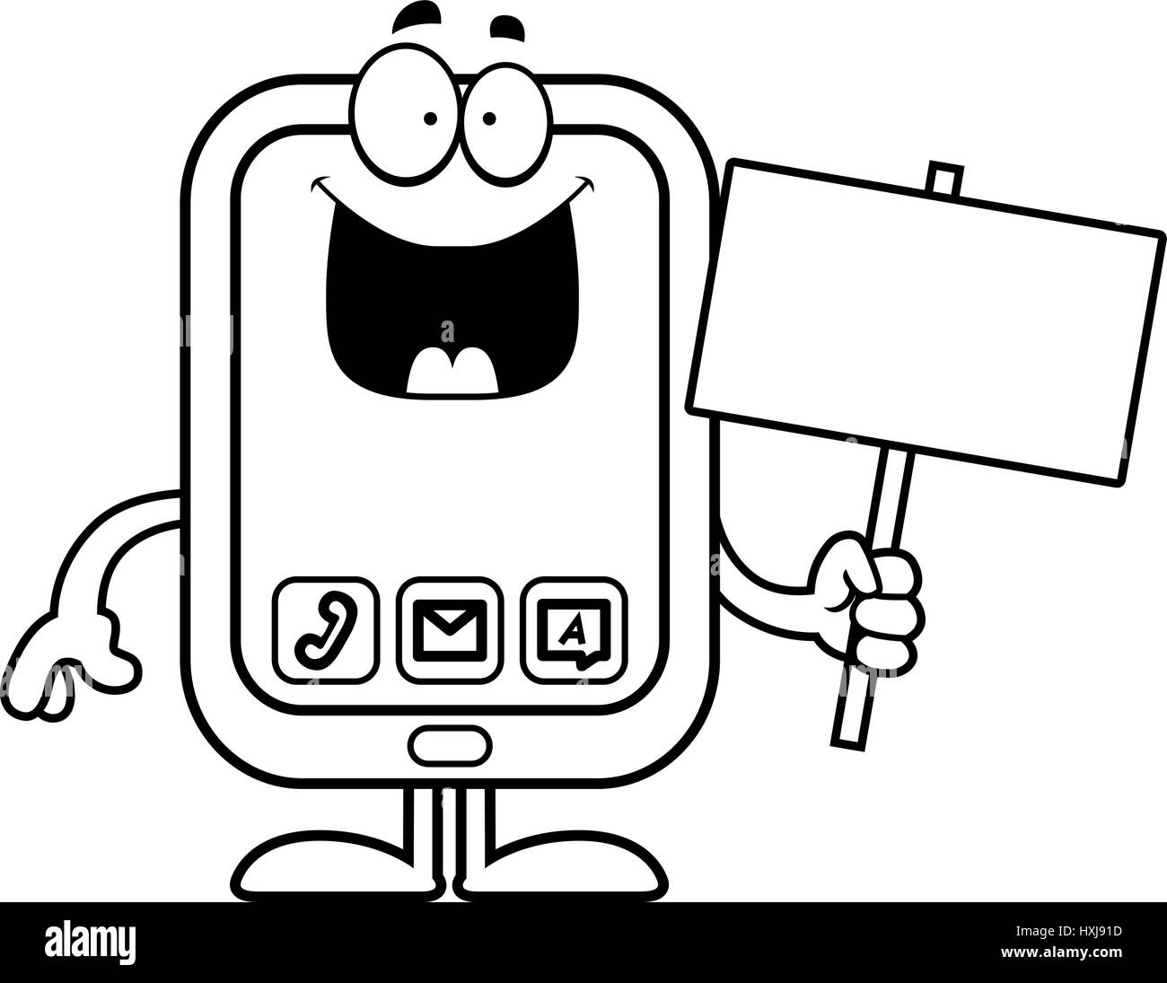 A cartoon illustration of a smartphone holding a sign Stock Vector ...