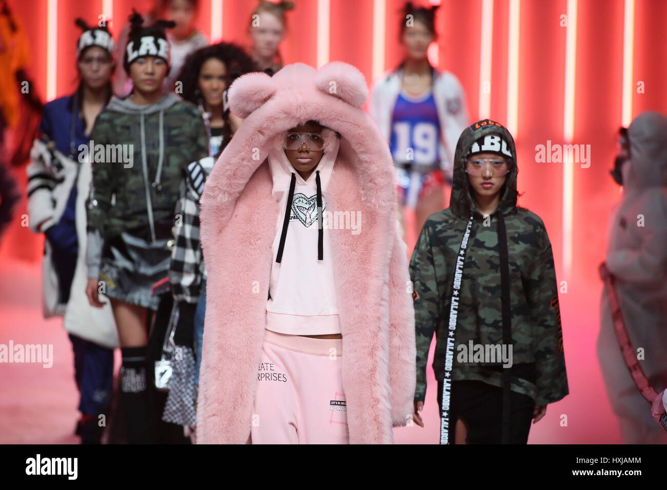 Beijing, China. 28th Mar, 2017. A model presents a creation of LALABOBO ...