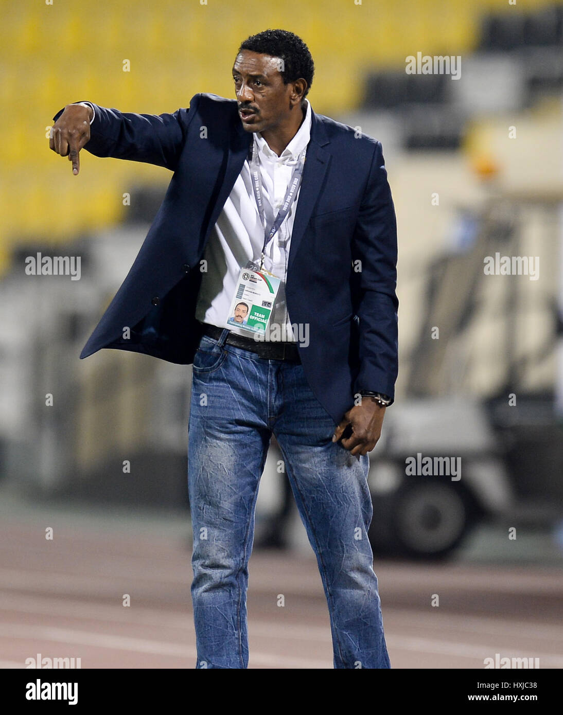 Doha, Qatar. 28th Mar, 2017. Head coach Abrham Mebratu of Yemen reacts ...