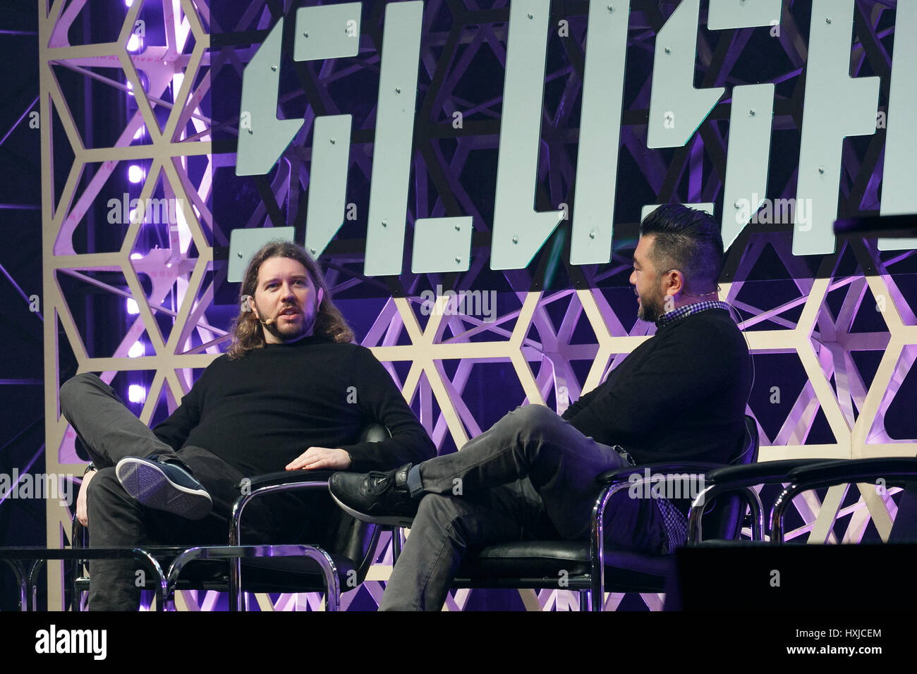 Tokyo, Japan. 29th Mar, 2017. Garrett Camp Founder of Expa and Uber (L ...