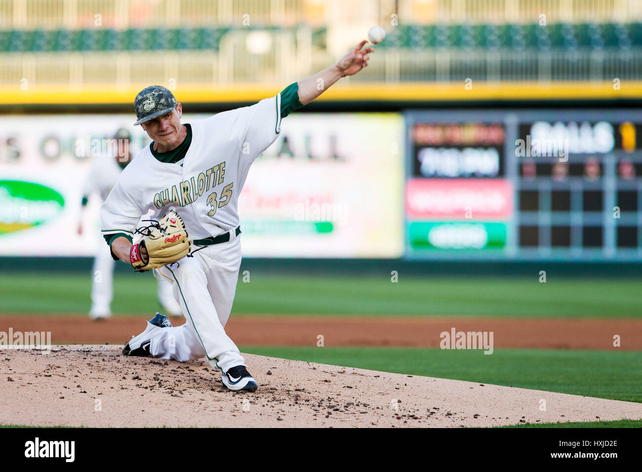 Charlotte, NC, USA. 28th Mar, 2017. Charlotte pitcher Jacob Craver (35 ...