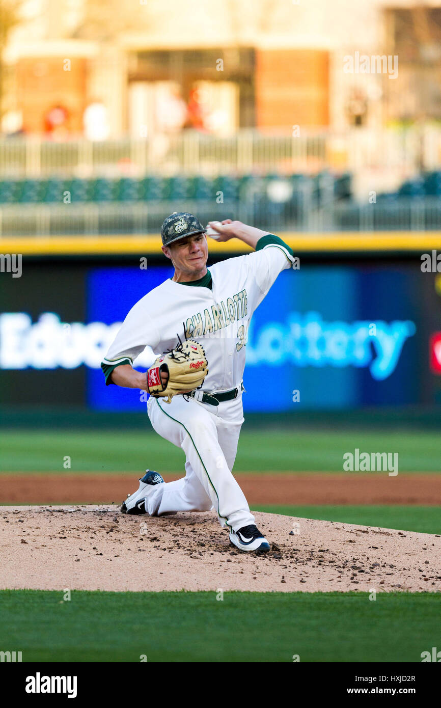 Charlotte, NC, USA. 28th Mar, 2017. Charlotte pitcher Jacob Craver (35 ...