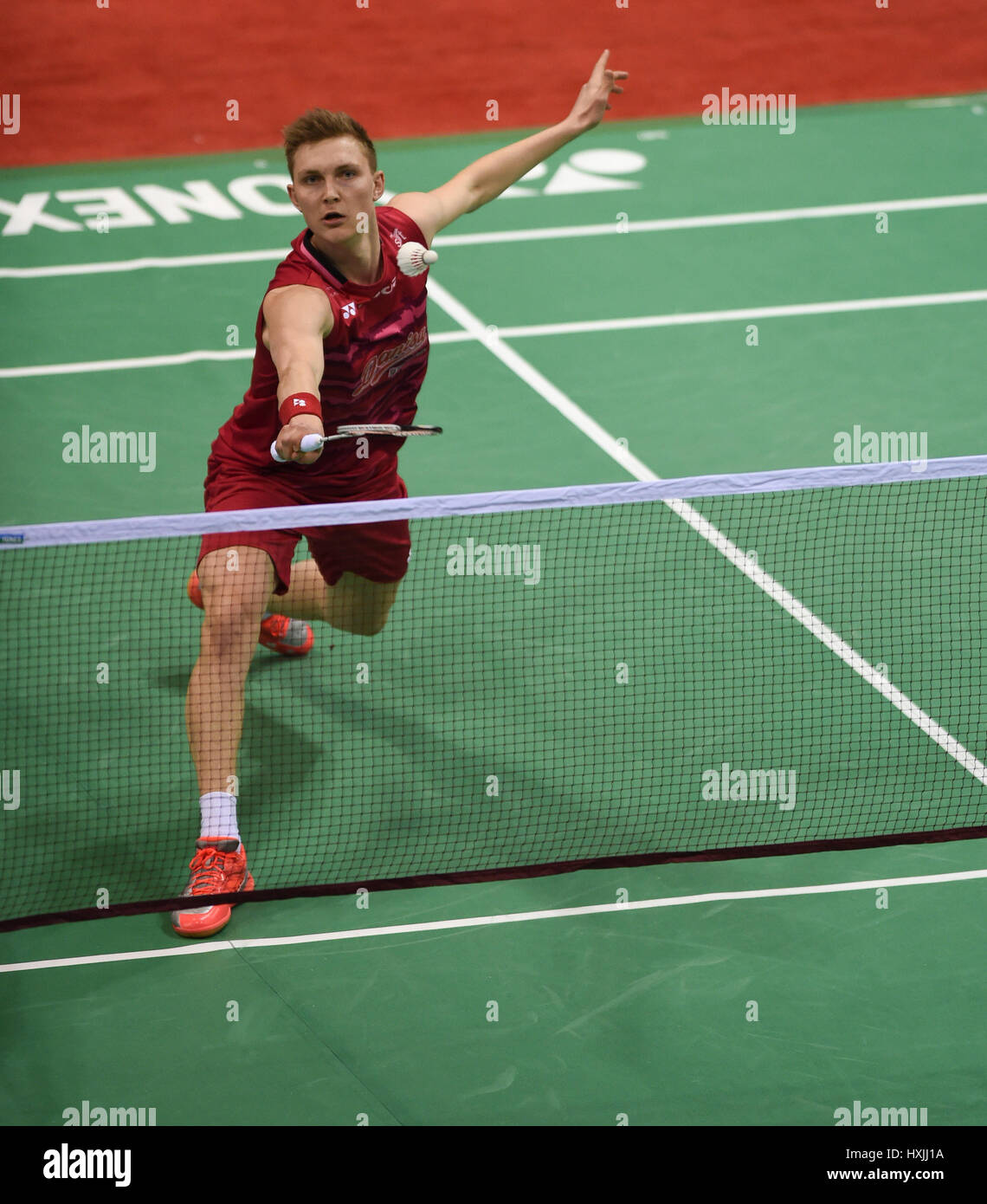 New Delhi, India. 29th Mar, 2017. Viktor Axelsen of Denmark competes ...