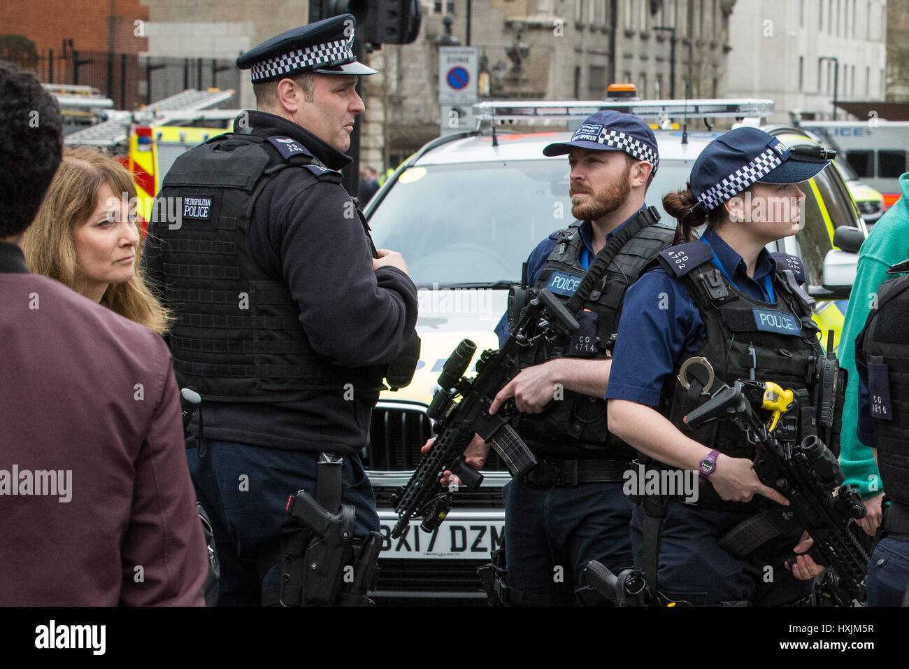 London, UK. 29th March, 2017. Armed police officers on Westminster ...